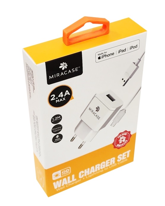 מטען ביתי 2.4 אמפר + כבל MFI מאושר אפל - דגם Mwcs240 חברת Miracase | בסיטונאות