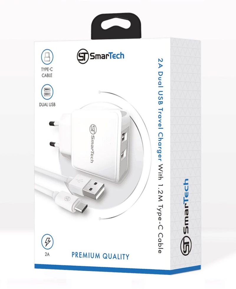 מטען קיר כפול 2A עם כבל טייפ-סי - חברת SmarTech - איכות מושלמת | בסיטונאות