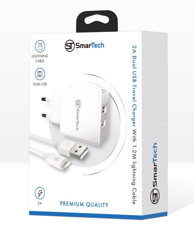מטען קיר כפול 2A עם כבל לאייפון ומוצרי אפל - חברת SmarTech - איכות מושלמת | בסיטונאות