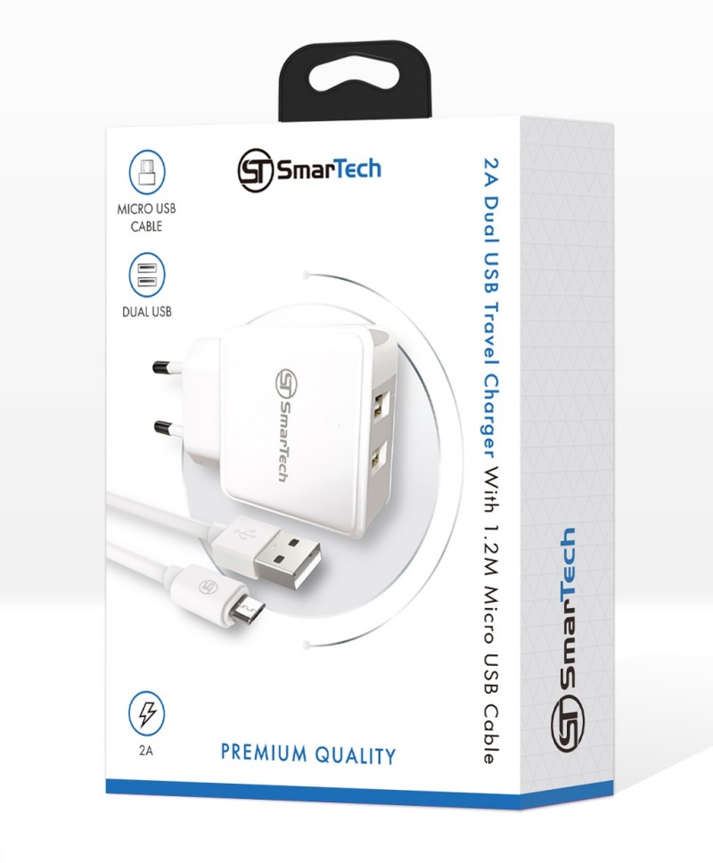 מטען קיר כפול 2A עם כבל מיקרו - חברת SmarTech - איכות מושלמת | בסיטונאות