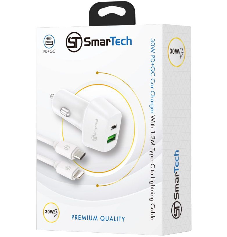 מטען רכב PD+USB 30W עם כבל טייפ-סי ל-Lightning - דגם STCC30W מבית SmarTech - טעינה מהירה ובטוחה ...