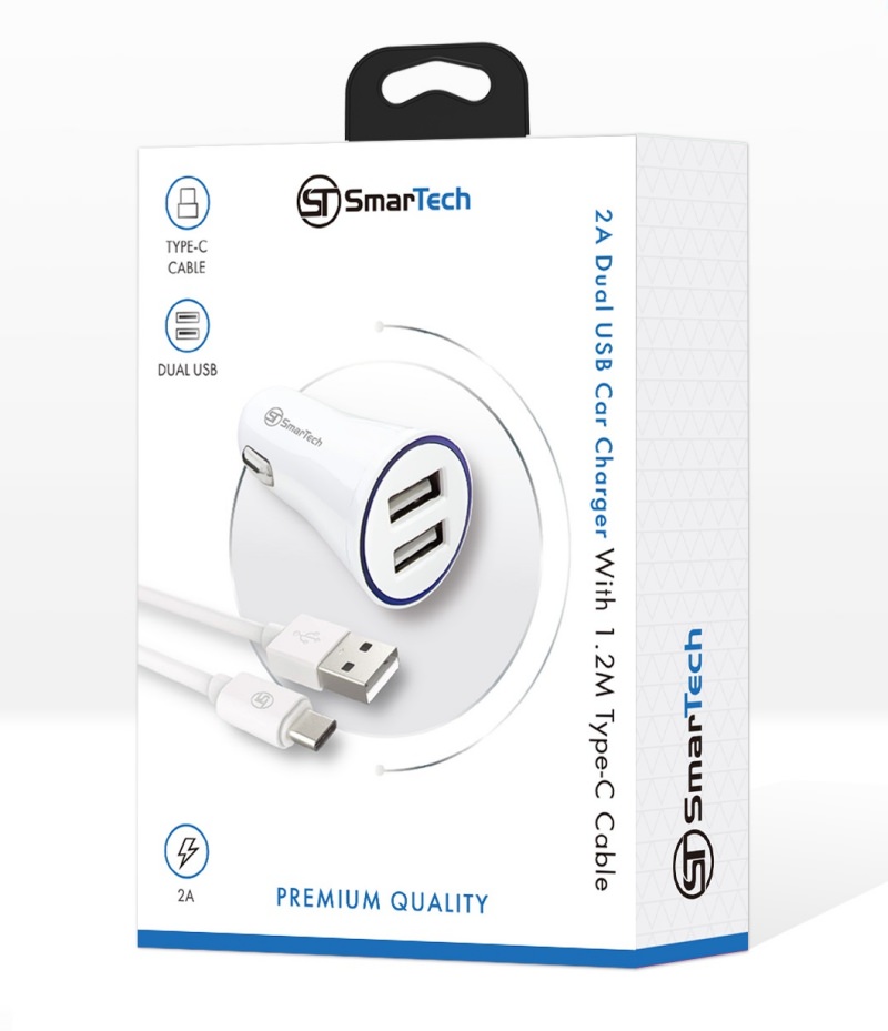 מטען רכב כפול 2A עם כבל טייפ-סי - חברת SmarTech - איכות מושלמת | בסיטונאות