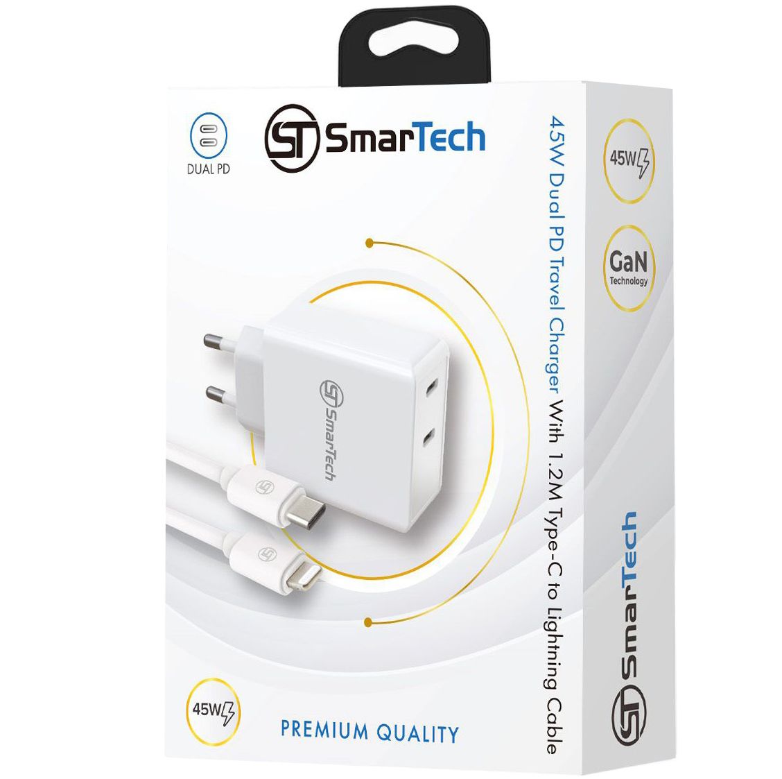 מטען קיר כפול Dual PD 45W - עם כבל טייפ-סי ל-Lightning - דגם Sttc45w בטכנולוגיית GaN - חברת ...