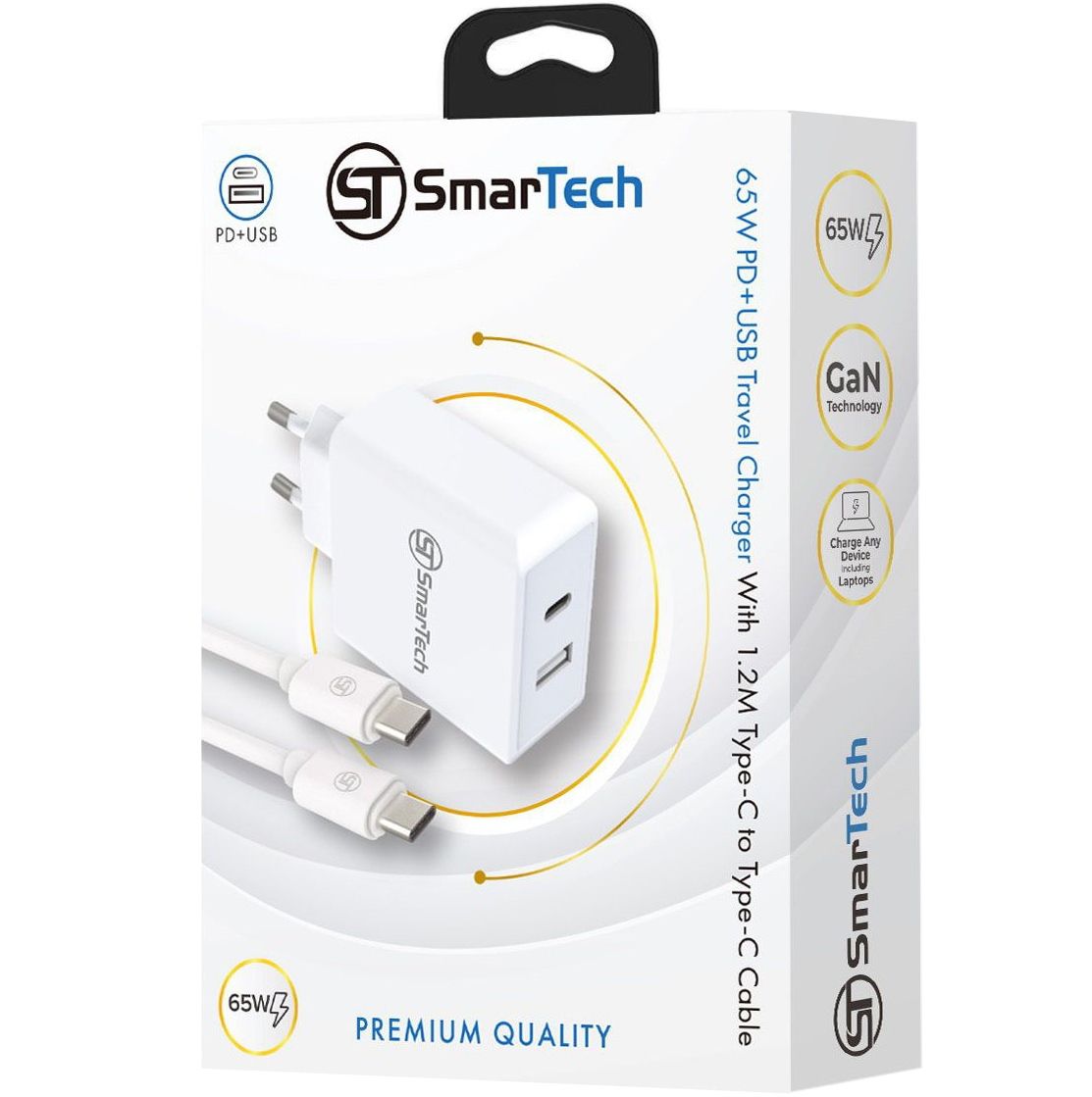 מטען קיר כפול PD+USB - 65W - עם כבל טייפ-סי לטייפ-סי - דגם Sttc65w בטכנולוגיית GaN - חברת ...