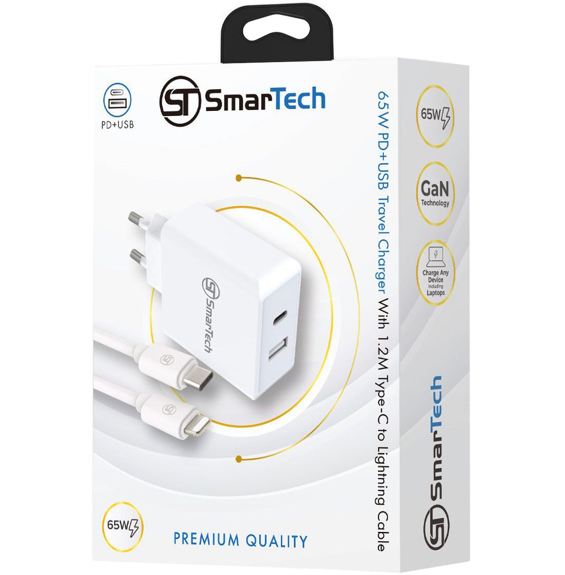 מטען קיר כפול PD+USB - 65W - עם כבל טייפ-סי ל-Lightning - דגם Sttc65w בטכנולוגיית GaN - חברת ...